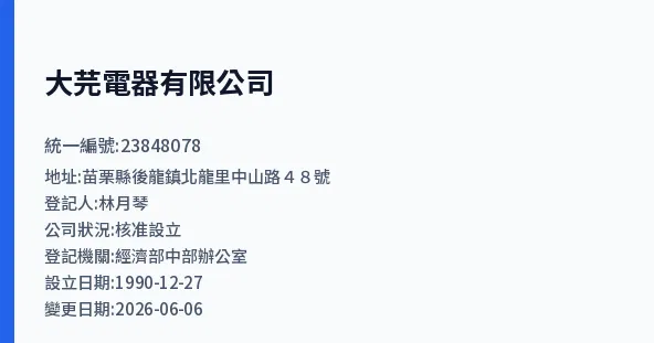 大芫電器有限公司的照片-統編 23848078(苗栗縣) 公司登記資料與營業項目詳細圖表