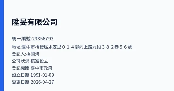 陞旻有限公司的照片-統編 23856793(臺中市) 公司登記資料與營業項目詳細圖表