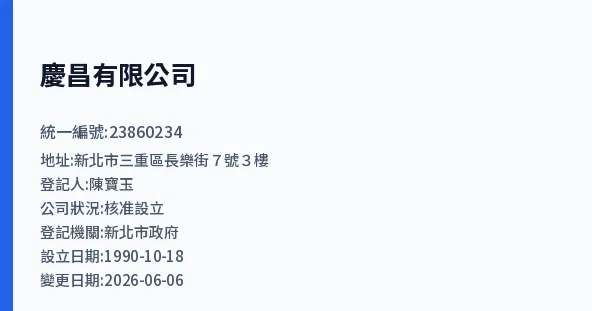 慶昌有限公司的照片-統編 23860234(新北市) 公司登記資料與營業項目詳細圖表