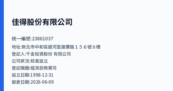 佳得股份有限公司的照片-統編 23861037(新北市) 公司登記資料與營業項目詳細圖表