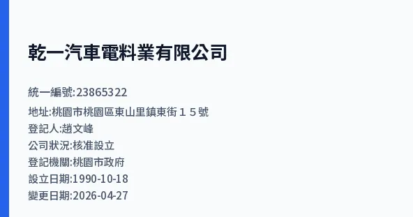 乾一汽車電料業有限公司的照片-統編 23865322(桃園市) 公司登記資料與營業項目詳細圖表