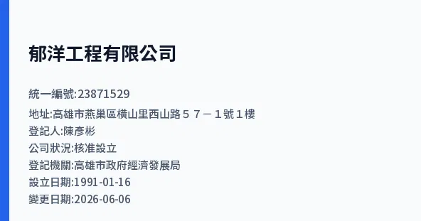郁洋工程有限公司的照片-統編 23871529(高雄市) 公司登記資料與營業項目詳細圖表