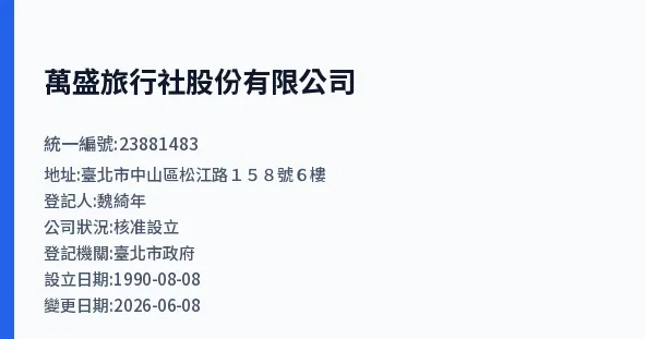 萬盛旅行社股份有限公司的照片-統編 23881483(臺北市) 公司登記資料與營業項目詳細圖表