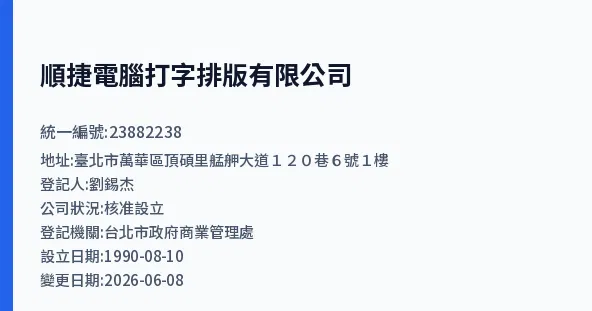 順捷電腦打字排版有限公司的照片-統編 23882238(臺北市) 公司登記資料與營業項目詳細圖表