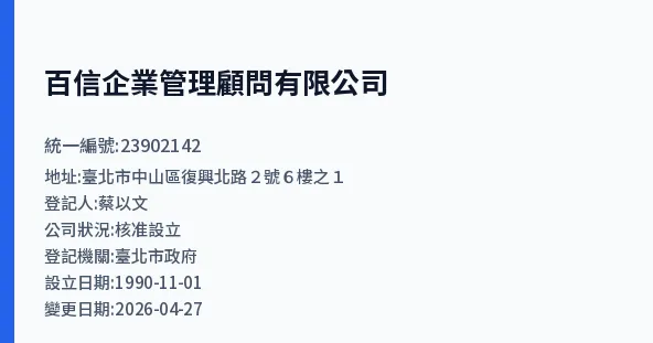 百信企業管理顧問有限公司的照片-統編 23902142(臺北市) 公司登記資料與營業項目詳細圖表