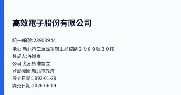 高效電子股份有限公司的照片-統編 23903944(新北市) 公司登記資料與營業項目詳細圖表