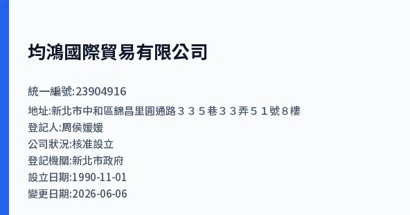 均鴻國際貿易有限公司的照片-統編 23904916(新北市) 公司登記資料與營業項目詳細圖表