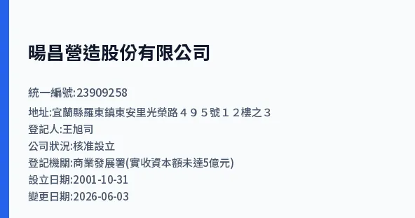 暘昌營造股份有限公司的照片-統編 23909258(宜蘭縣) 公司登記資料與營業項目詳細圖表