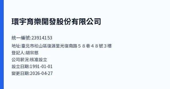 環宇育樂開發股份有限公司的照片-統編 23914153(臺北市) 公司登記資料與營業項目詳細圖表