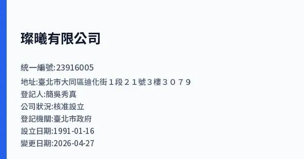璨曦有限公司的照片-統編 23916005(臺北市) 公司登記資料與營業項目詳細圖表