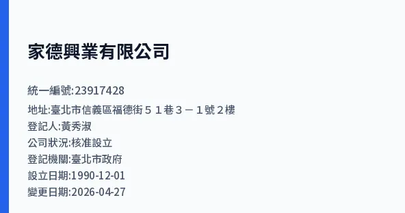 家德興業有限公司的照片-統編 23917428(臺北市) 公司登記資料與營業項目詳細圖表