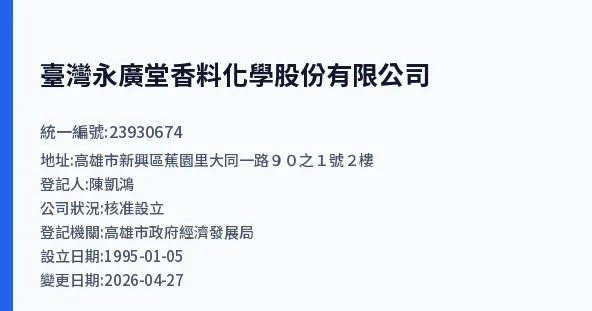臺灣永廣堂香料化學股份有限公司的照片-統編 23930674(高雄市) 公司登記資料與營業項目詳細圖表