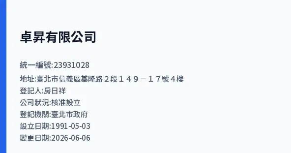 卓昇有限公司的照片-統編 23931028(臺北市) 公司登記資料與營業項目詳細圖表
