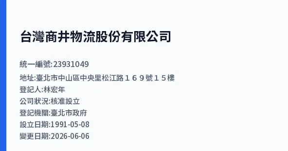 台灣商井物流股份有限公司的照片-統編 23931049(臺北市) 公司登記資料與營業項目詳細圖表