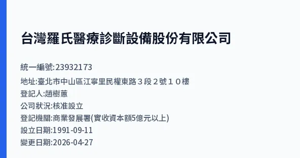 台灣羅氏醫療診斷設備股份有限公司的照片-統編 23932173(臺北市) 公司登記資料與營業項目詳細圖表