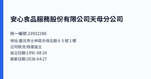 安心食品服務股份有限公司天母分公司的照片-統編 23932286(臺北市) 公司登記資料與營業項目詳細圖表