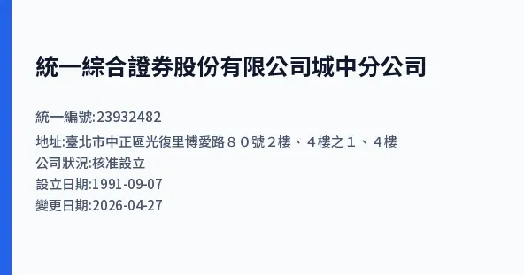 統一綜合證券股份有限公司城中分公司的照片-統編 23932482(臺北市) 公司登記資料與營業項目詳細圖表