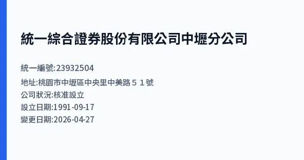 統一綜合證券股份有限公司中壢分公司的照片-統編 23932504(桃園市) 公司登記資料與營業項目詳細圖表