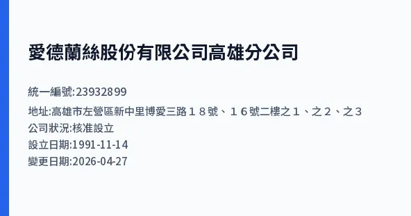 愛德蘭絲股份有限公司高雄分公司的照片-統編 23932899(高雄市) 公司登記資料與營業項目詳細圖表