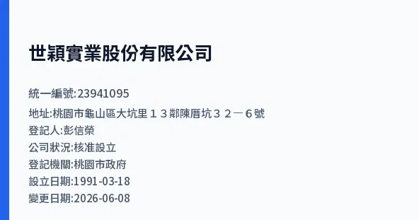 世穎實業股份有限公司的照片-統編 23941095(桃園市) 公司登記資料與營業項目詳細圖表