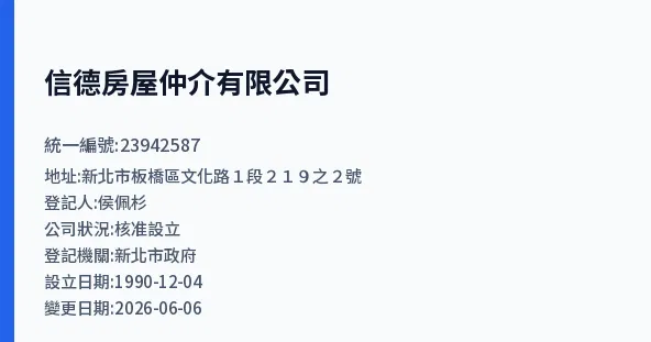 信德房屋仲介有限公司的照片-統編 23942587(新北市) 公司登記資料與營業項目詳細圖表