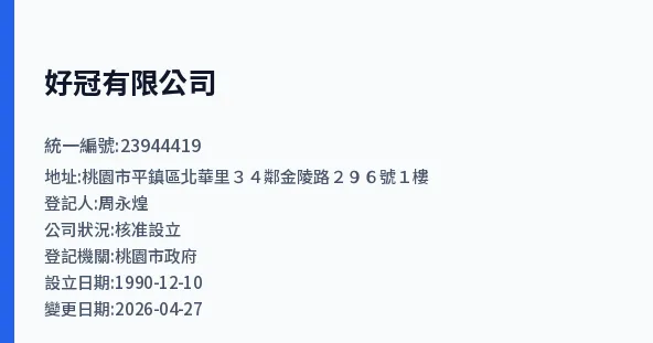 好冠有限公司的照片-統編 23944419(桃園市) 公司登記資料與營業項目詳細圖表