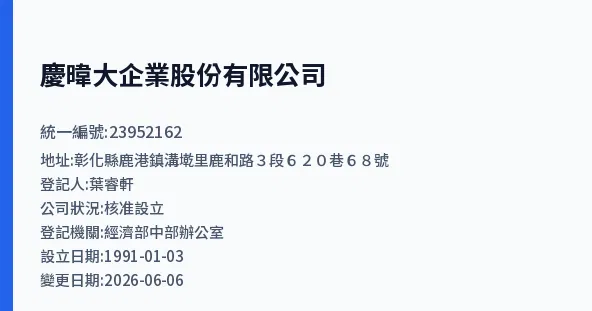 慶暐大企業股份有限公司的照片-統編 23952162(彰化縣) 公司登記資料與營業項目詳細圖表