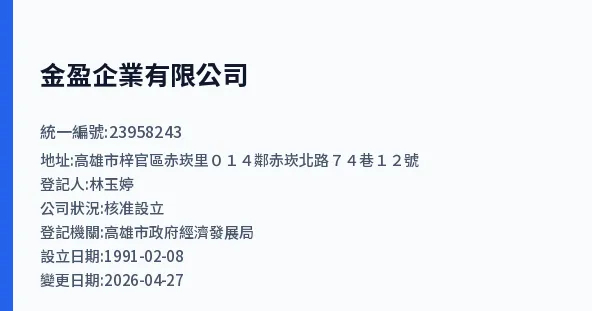 金盈企業有限公司的照片-統編 23958243(高雄市) 公司登記資料與營業項目詳細圖表