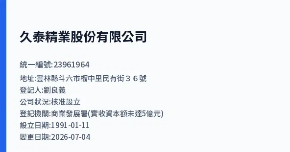 久泰精業股份有限公司的照片-統編 23961964(雲林縣) 公司登記資料與營業項目詳細圖表