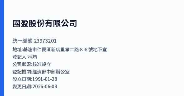 國盈股份有限公司的照片-統編 23973201(基隆市) 公司登記資料與營業項目詳細圖表
