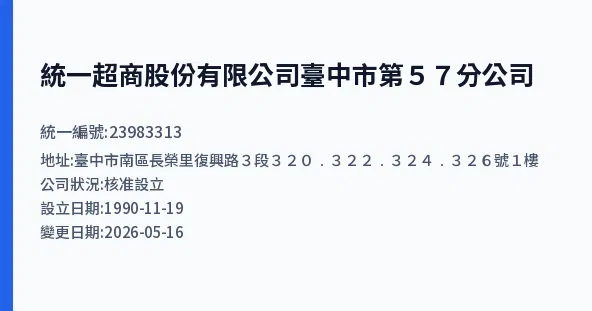 統一超商股份有限公司臺中市第57分公司的照片-統編 23983313(臺中市) 公司登記資料與營業項目詳細圖表