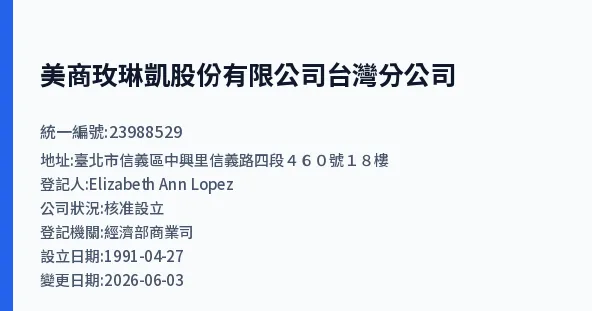 美商玫琳凱股份有限公司台灣分公司的照片-統編 23988529(臺北市) 公司登記資料與營業項目詳細圖表