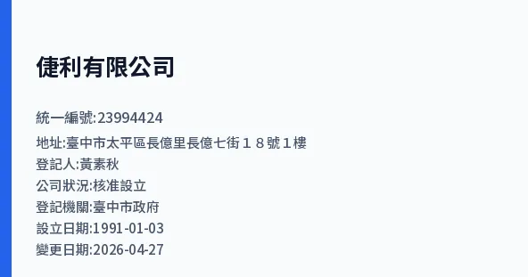 倢利有限公司的照片-統編 23994424(臺中市) 公司登記資料與營業項目詳細圖表