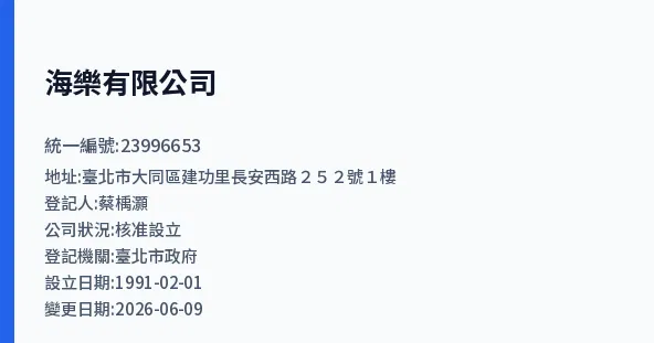 海樂有限公司的照片-統編 23996653(臺北市) 公司登記資料與營業項目詳細圖表