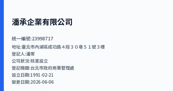 潘承企業有限公司的照片-統編 23998717(臺北市) 公司登記資料與營業項目詳細圖表
