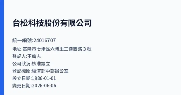 台松科技股份有限公司的照片-統編 24016707(基隆市) 公司登記資料與營業項目詳細圖表