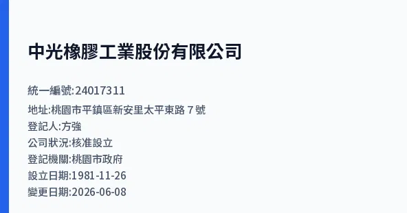 中光橡膠工業股份有限公司的照片-統編 24017311(桃園市) 公司登記資料與營業項目詳細圖表