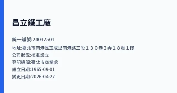 昌立鐵工廠的照片-統編 24032501(臺北市) 公司登記資料與營業項目詳細圖表