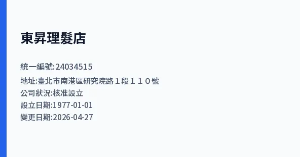 東昇理髮店的照片-統編 24034515(臺北市) 公司登記資料與營業項目詳細圖表