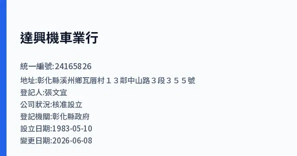達興機車業行的照片-統編 24165826(彰化縣) 公司登記資料與營業項目詳細圖表