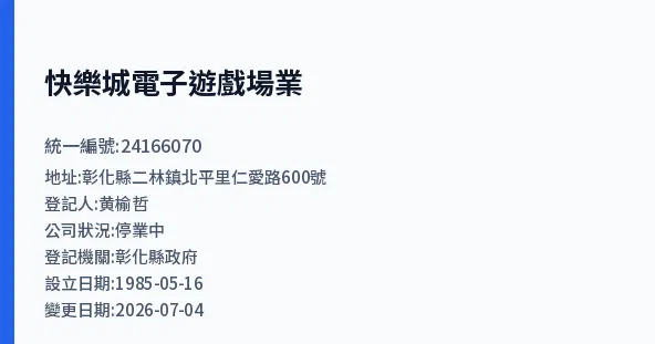 快樂城電子遊戲場業的照片-統編 24166070(彰化縣) 公司登記資料與營業項目詳細圖表