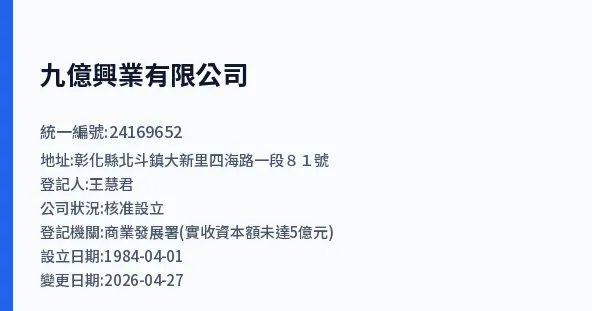 九億興業有限公司的照片-統編 24169652(彰化縣) 公司登記資料與營業項目詳細圖表