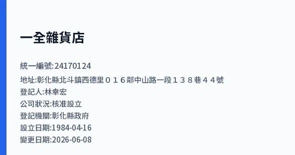 一全雜貨店的照片-統編 24170124(彰化縣) 公司登記資料與營業項目詳細圖表