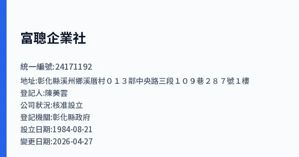 富聰企業社的照片-統編 24171192(彰化縣) 公司登記資料與營業項目詳細圖表
