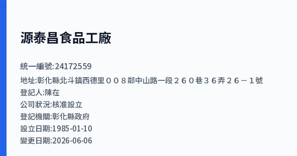 源泰昌食品工廠的照片-統編 24172559(彰化縣) 公司登記資料與營業項目詳細圖表