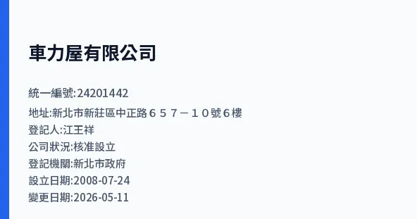車力屋有限公司的照片-統編 24201442(新北市) 公司登記資料與營業項目詳細圖表