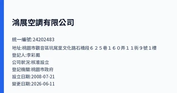 鴻展空調有限公司的照片-統編 24202483(桃園市) 公司登記資料與營業項目詳細圖表