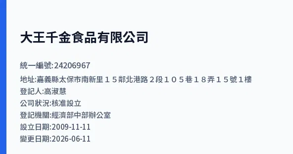 大王千金食品有限公司的照片-統編 24206967(嘉義縣) 公司登記資料與營業項目詳細圖表