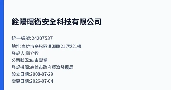 銓陽環衛安全科技有限公司的照片-統編 24207537(高雄市) 公司登記資料與營業項目詳細圖表