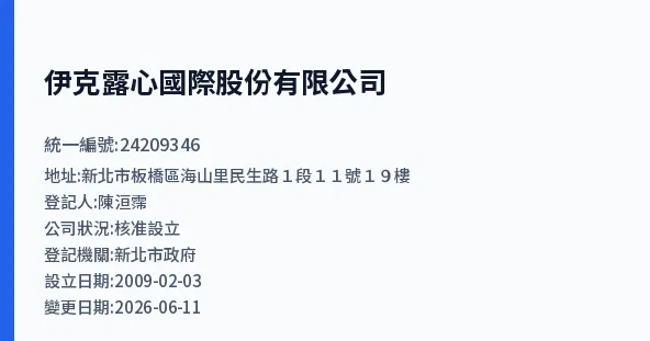伊克露心國際股份有限公司的照片-統編 24209346(新北市) 公司登記資料與營業項目詳細圖表